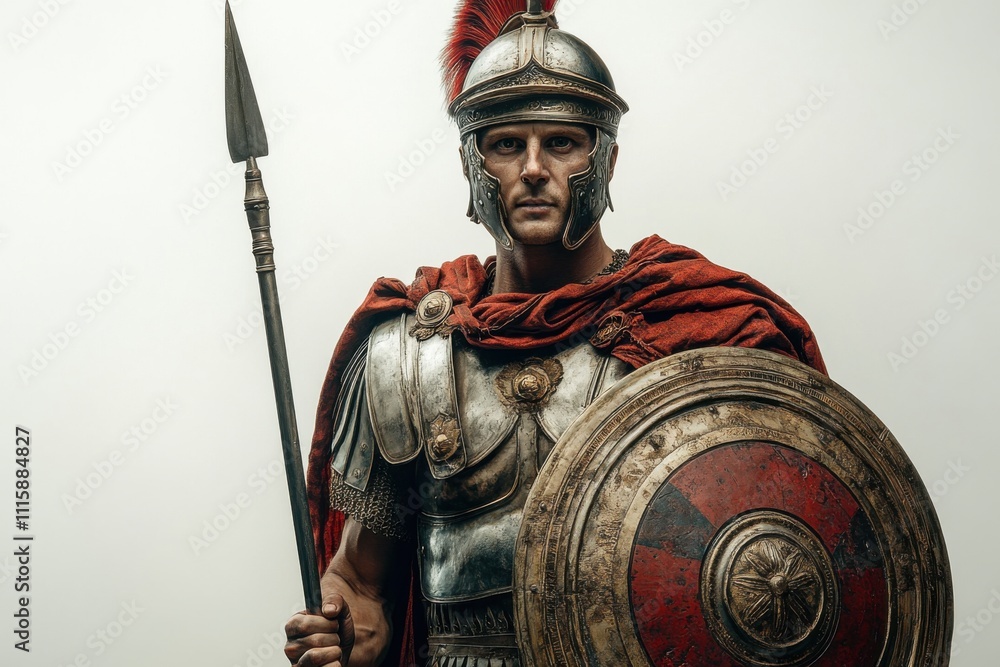 Roman soldier in detailed armor and red cape holding a spear ...