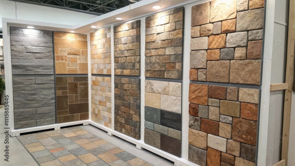 A corner display of rustic stone wall tiles featuring earthy hues and ...