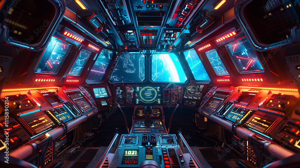 Futuristic spaceship cockpit interior featuring advanced technology, bright control panels, and ...