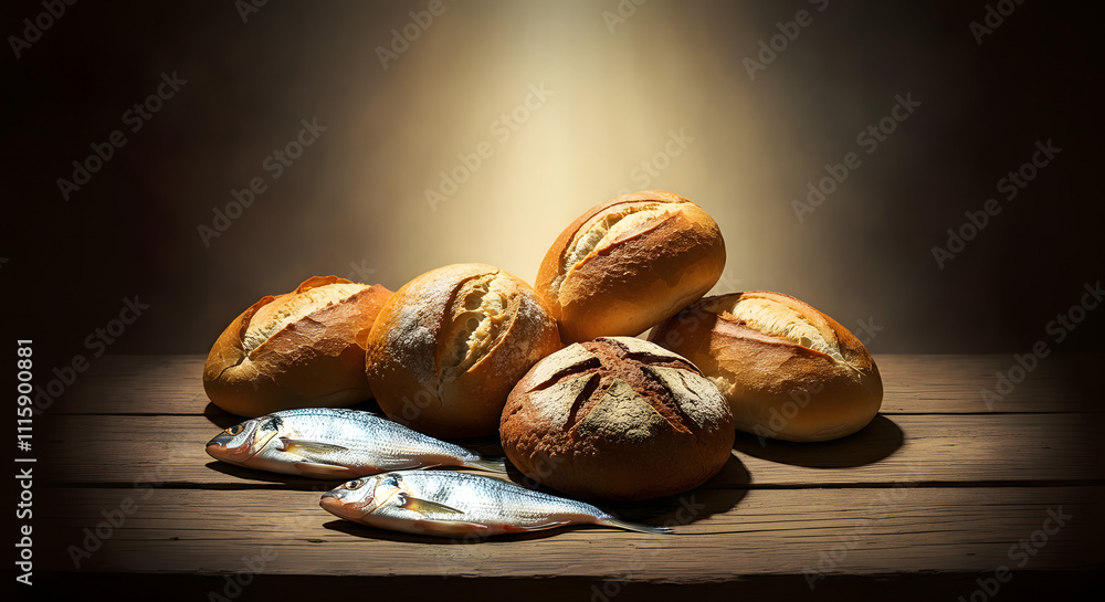 Five Loaves and Two Fish, Catholic Still Life Illustration Stock Photo ...