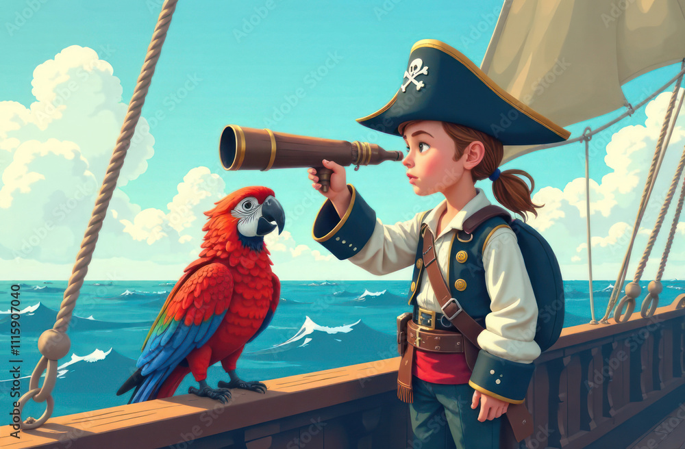 young pirate boy and parrot looking through telescope on ship's desk ...
