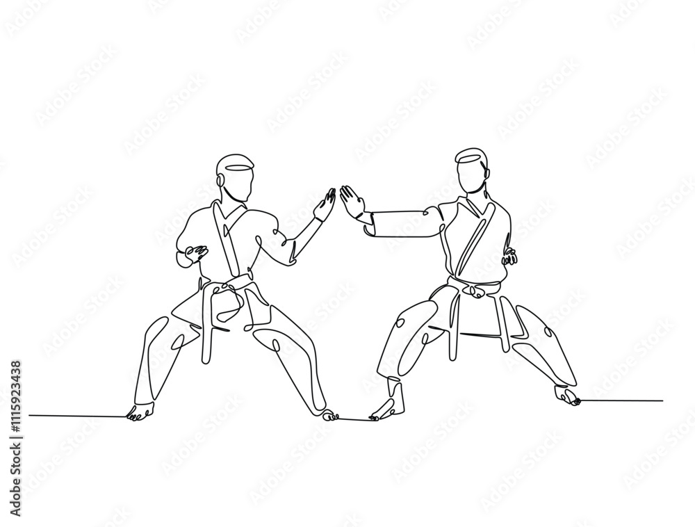 Continuous one line drawing of two figther practicing fight karate ...