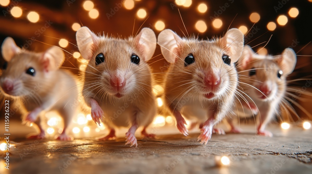 A lively group of four mice illuminated by glowing festive lights ...