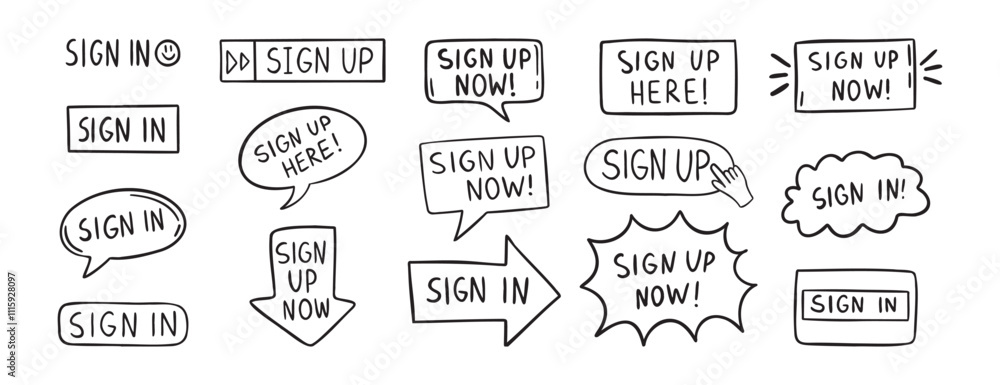 sign up text icon. Sign in doodle hand drawn icon set. Outline drawing ...