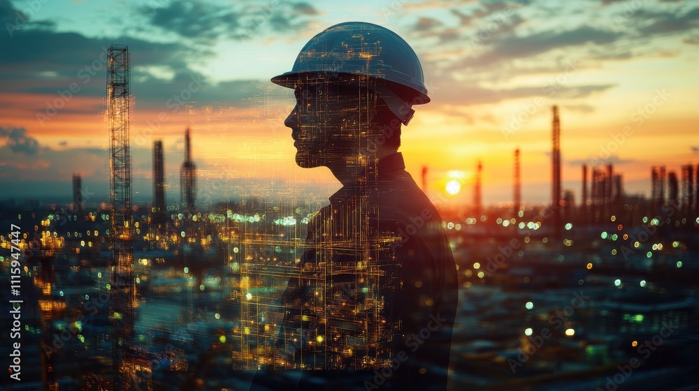Silhouette of engineer with superimposed industrial cityscape at sunset ...