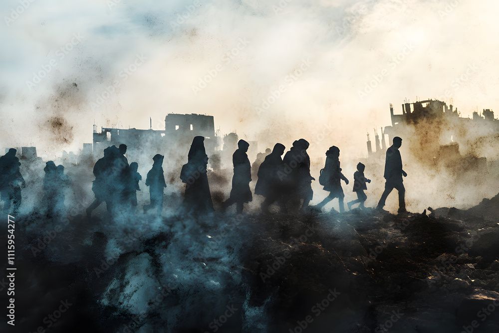 Silhouettes of refugees walking through war-torn ruins in smoke ...