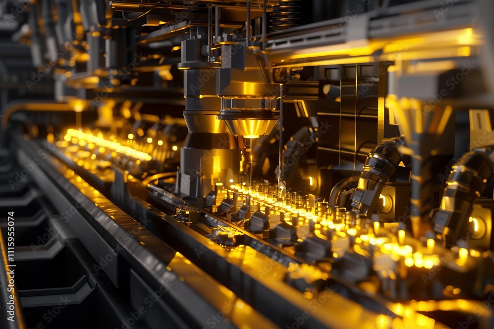 Slim lightning enhancing gold processing factory. Front view ...