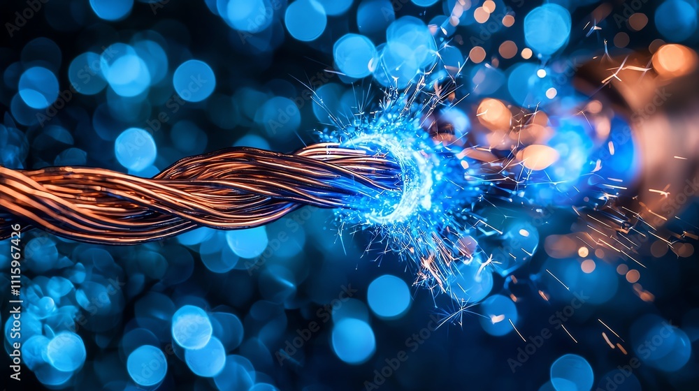 Extreme close-up of electric blue sparks jumping between copper wire ...