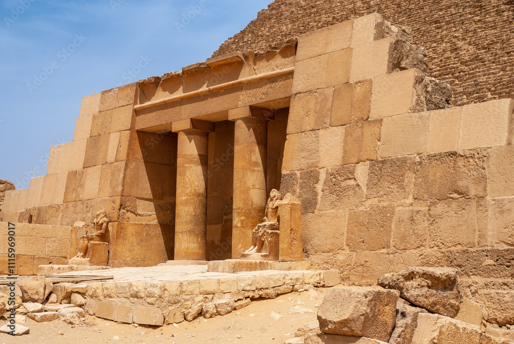 Pyramid complex on Giza plateau. Entrance to Cheops Pyramid, largest of ...