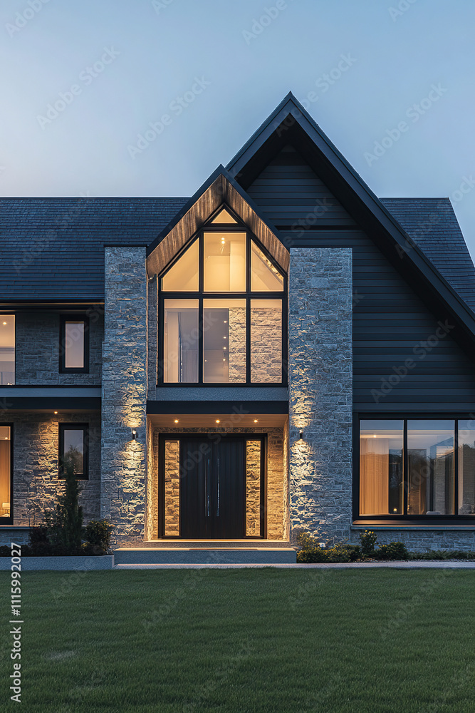 Modern luxury mansion exterior with stone and shingle cladding, large ...