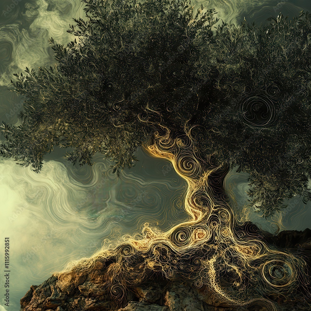 Enchanted olive tree with luminous golden roots radiating light against ...
