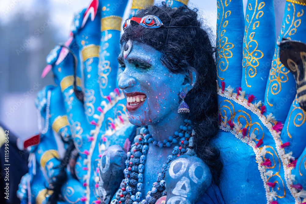 Kulasai Dasara, Portrait of indian male with painted face and dressed ...