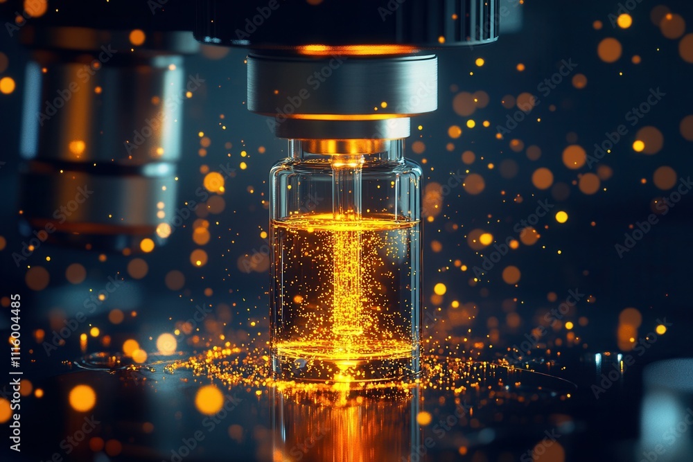 Glowing microscope examination of vial with suspended particles in ...