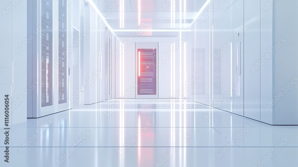 3D rendering of a data center with server racks. Computer mainframe in ...