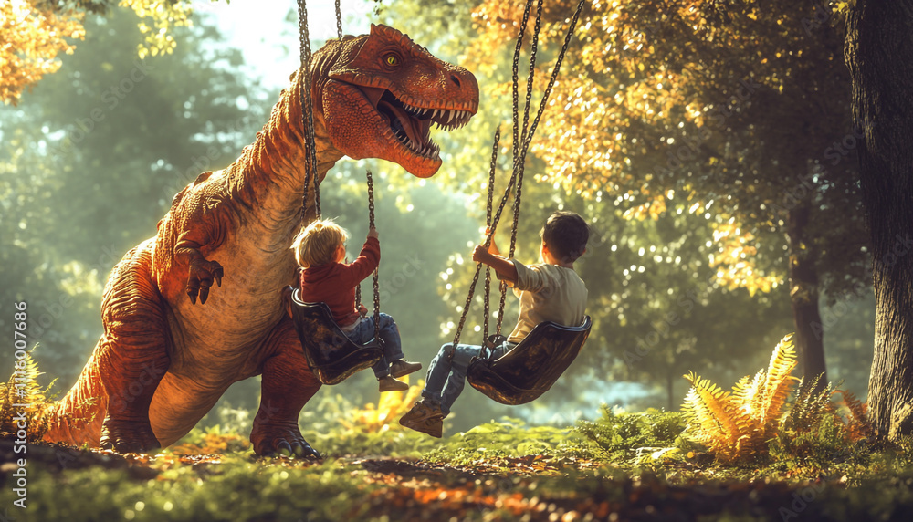 Dinosaur swings kids gently in the park, joyful interaction, 32k, full ...