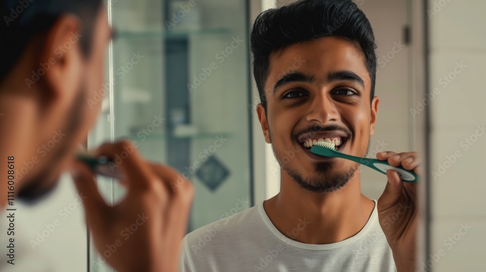 Young indian man washing teeth by bathroom mirror portrait image ...