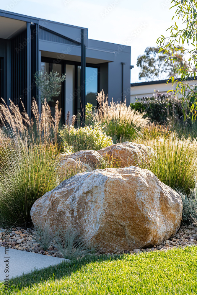A front yard with large round rocks and native grasses in the landscape ...