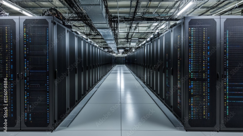 3D rendering of a data center with server racks and a light blue ...