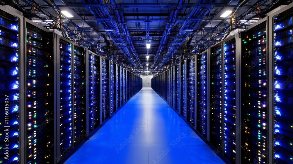 3D rendering of a data center with server racks and a light blue ...