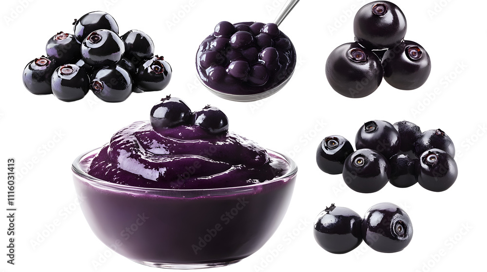 Acai Açaí berry berries fruit, many angles view top front heap pile ...