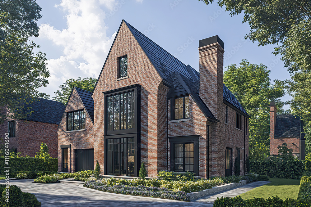 An architectural rendering of an elegant, classic brick house in the ...