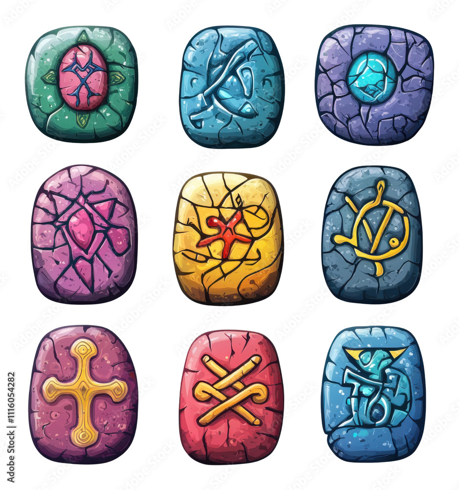 Colorful Stone Tablet Game UI Icons Ancient Symbols Cracked Texture App ...