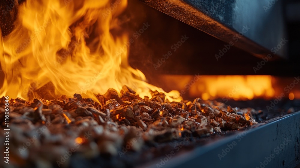 A close-up of the combustion process in a biomass boiler, showcasing ...