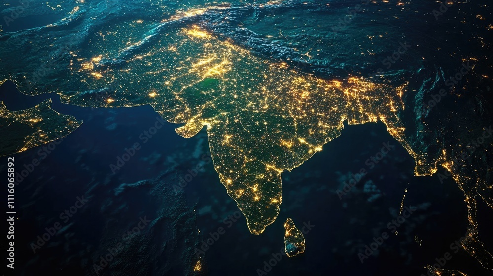 A night view map of India illuminated with city lights, showing the ...