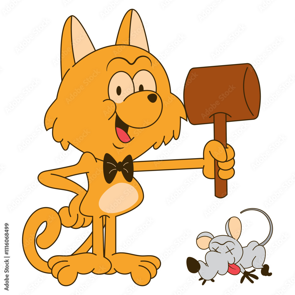 funny Cat cartoon characters wearing bowties and catching a mouse with hammers. Best for sticker ...