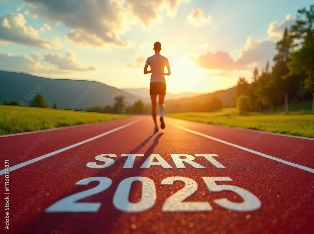 Athletic Runner Starting New Journey on Running Track with 2025 Text at ...