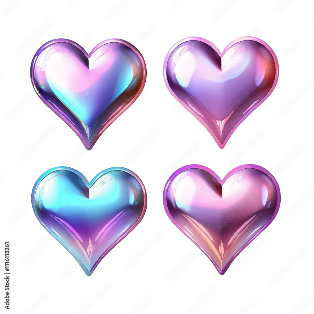 3D chrome Y2K metal elements. Melted chrome hearts in a Y2K style, with ...