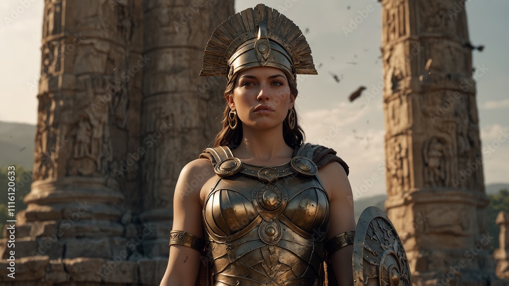 Statue of Athena, the goddess of wisdom, holding a shield and spear ...