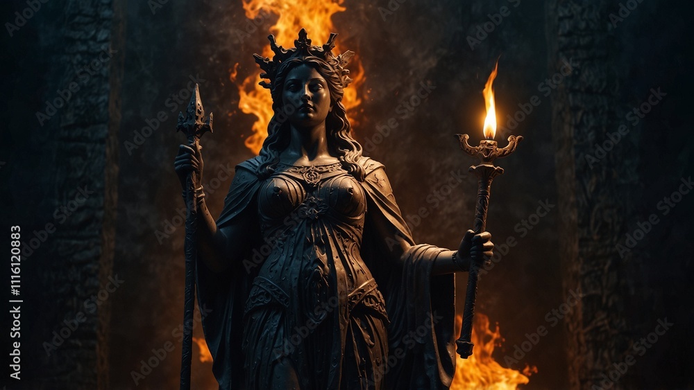 Statue of Hecate, the goddess of magic, holding a trident, surrounded ...