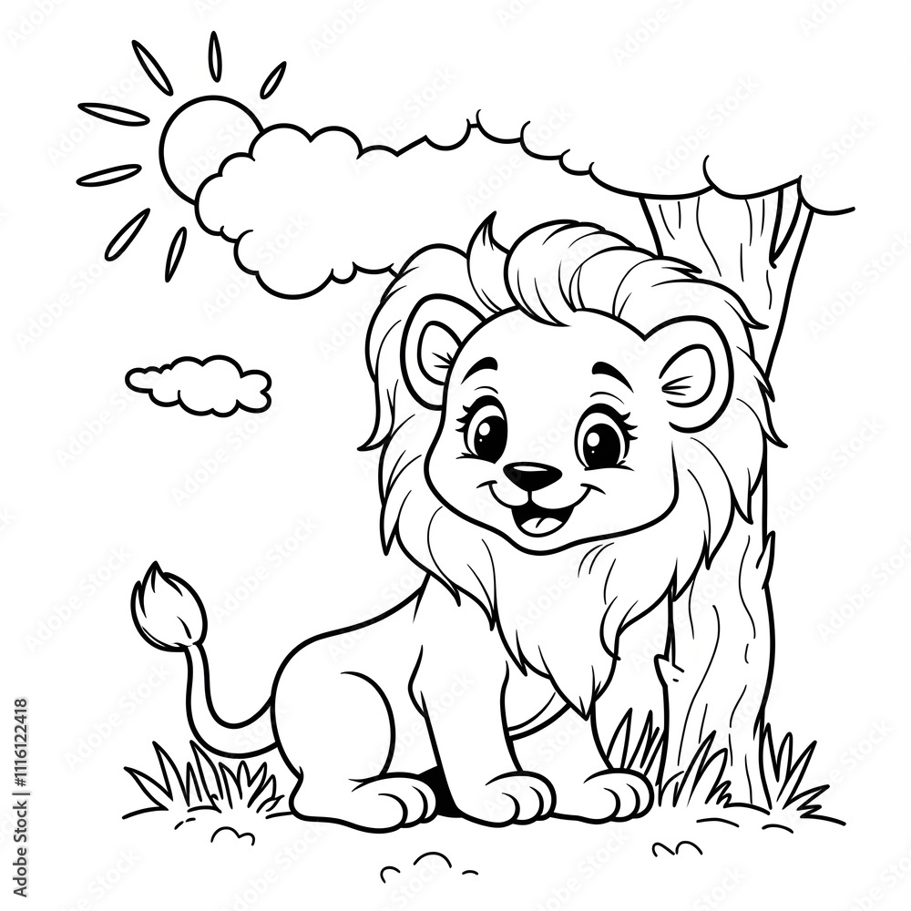 Black and white lines for kids to color, cute lion cub sitting under a ...