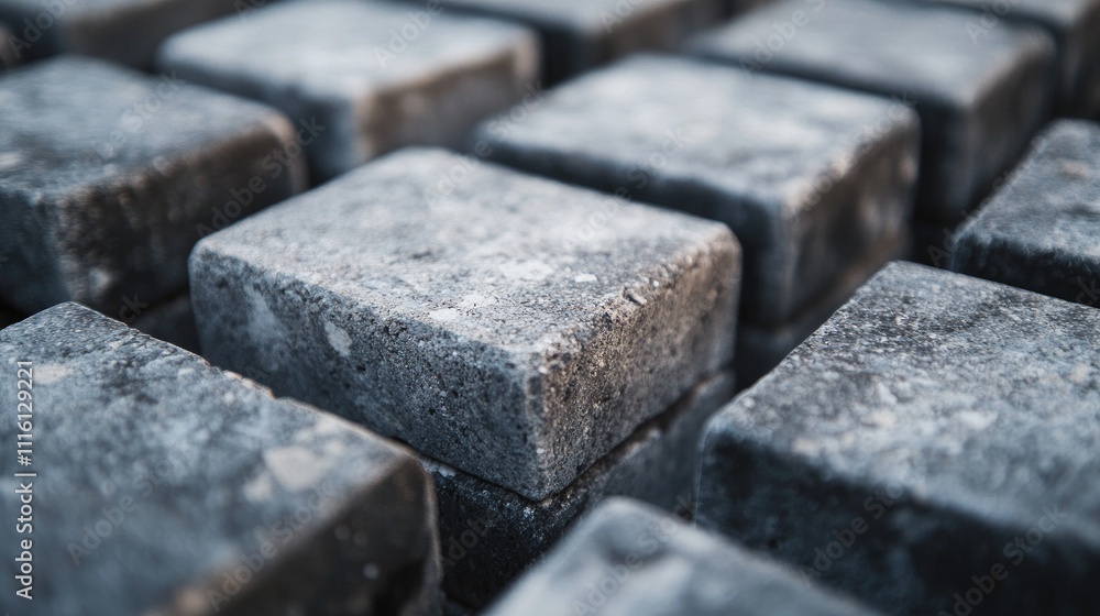 Close-up of weathered paving slabs stored for urban infrastructure ...