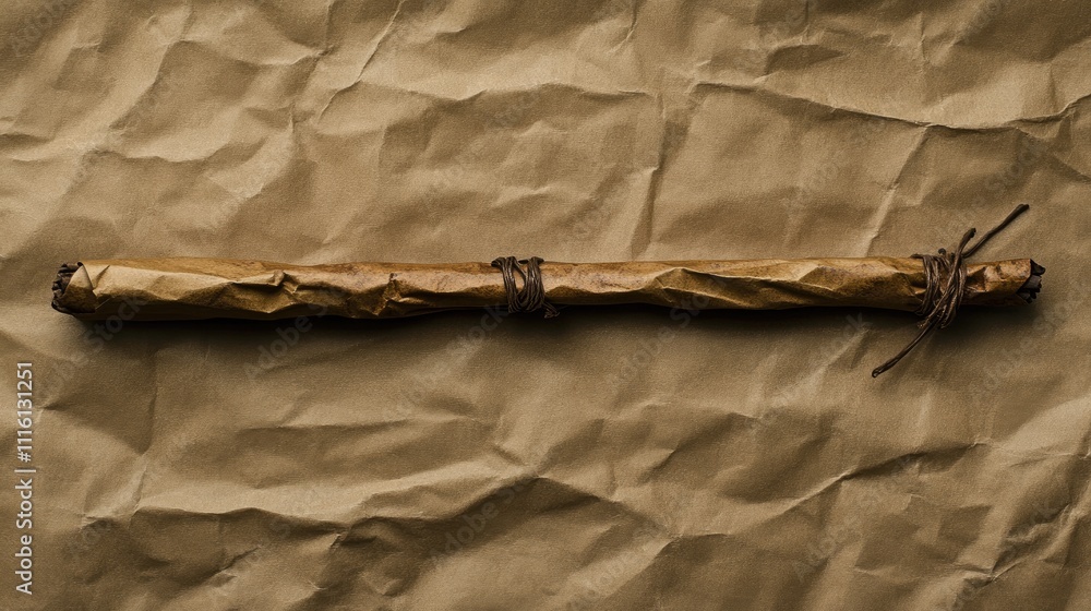 Rustic brown paper scroll with twine on crumpled textured background ...