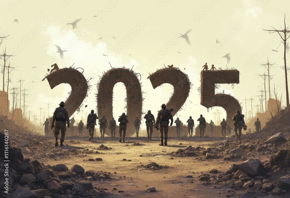 2025 formed in a post-apocalyptic battlefield with soldiers and debris ...