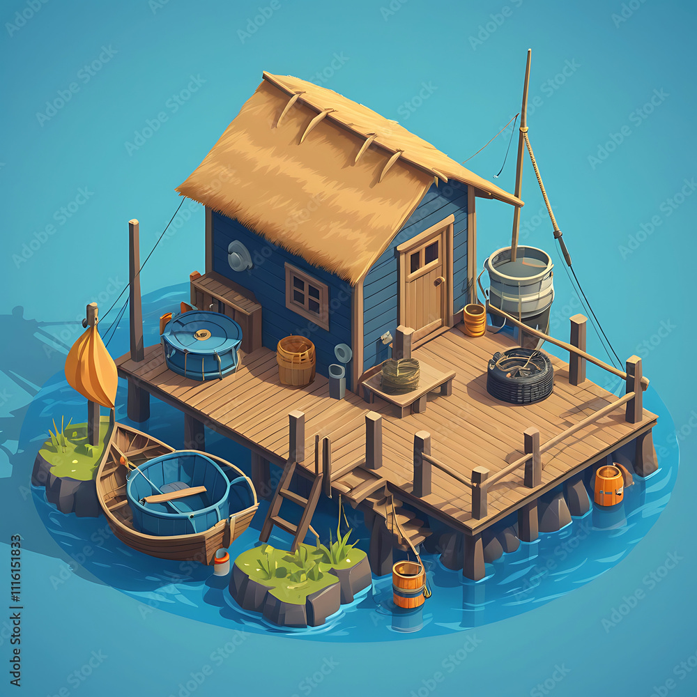 Cartoon Fisherman's Hut: Isometric 2D Game Art with Dock and Fishing ...