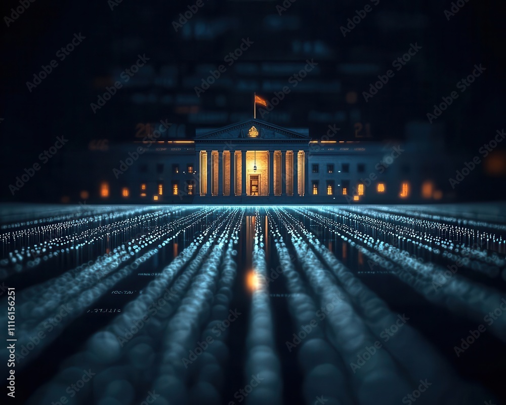 Digital highway of economic data streams leading to a glowing Federal ...