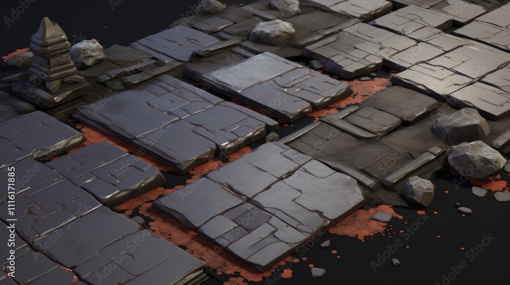 Detailed floor tiles with ground edges and scattered rocks in a realistic texture suitable for ...