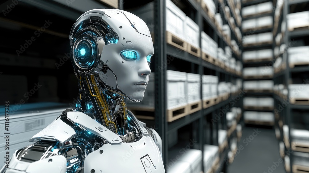 Advanced humanoid robot in modern warehouse illustrating automation and ... Advanced humanoid robot in modern warehouse illustrating automation and ...