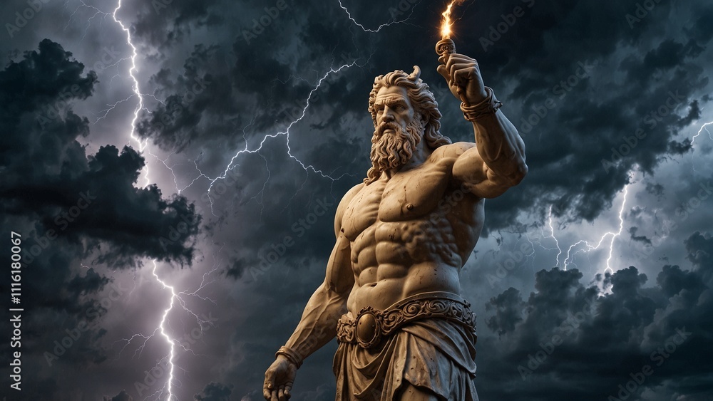 Statue of Zeus, the king of gods, raising a thunderbolt with both hands ...