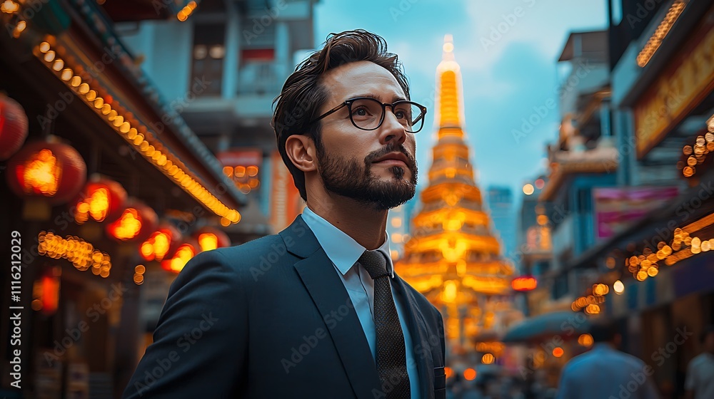 A business man with white side profile full body, standing in bangkok ...