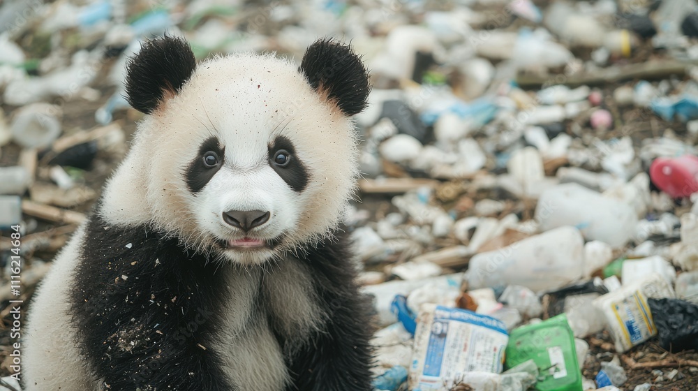 Animal pollution microplastics. Panda sitting amidst litter and plastic ...