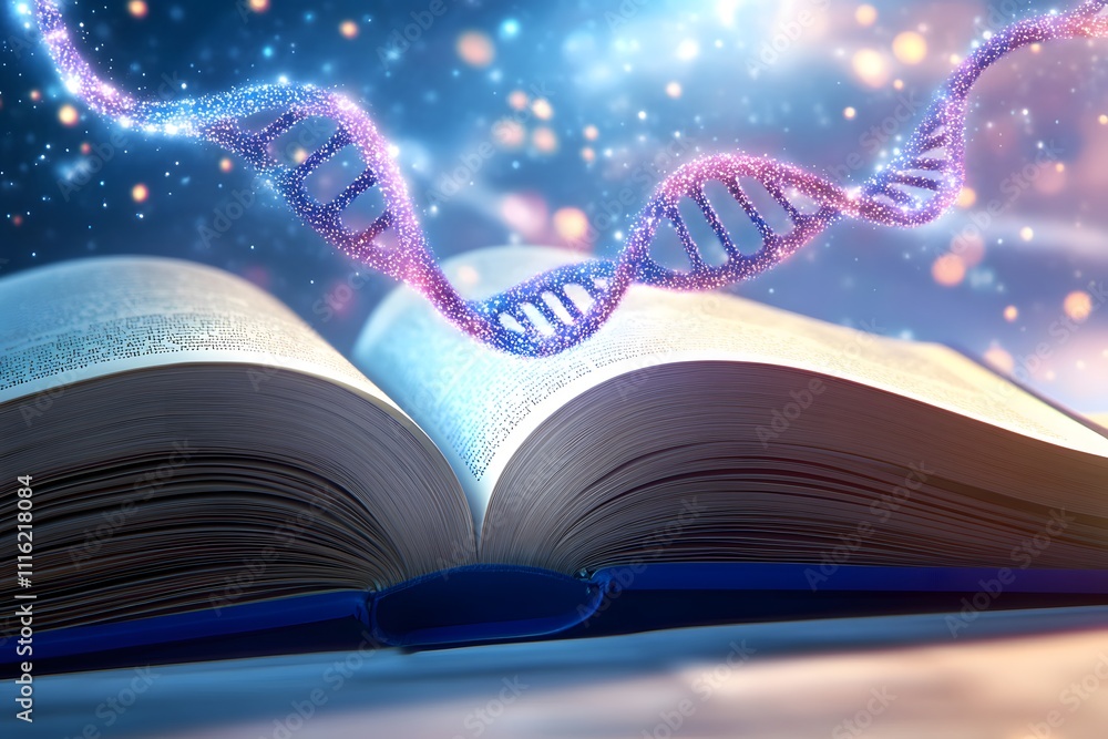 An open book with vibrant, glowing DNA strands rising from its pages ...