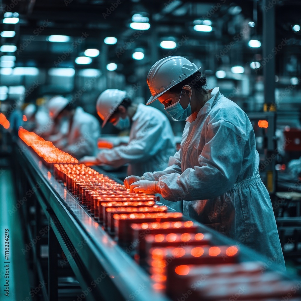 Workers in protective gear assembling items in a factory, illuminated ...