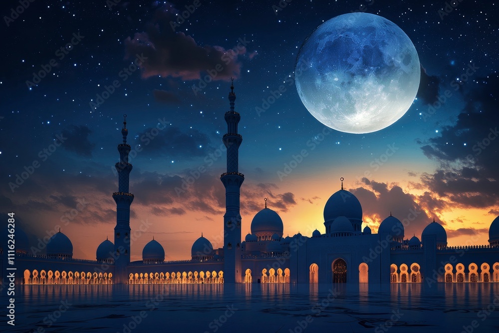 Foto de Stock Mosque Dome Scescent Moon Star Sky Night Israa Mecca Mohammed Ramadan Isra Sheikh ...