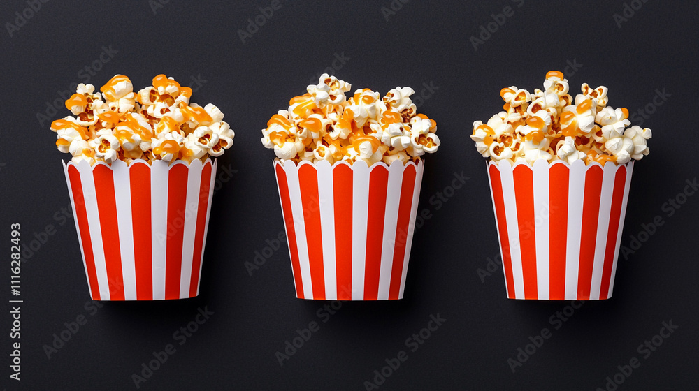 Three striped popcorn buckets on a black background, inviting and ready ...
