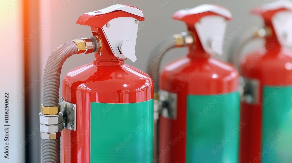 Foto de Stock Three red fire extinguishers with green labels ...