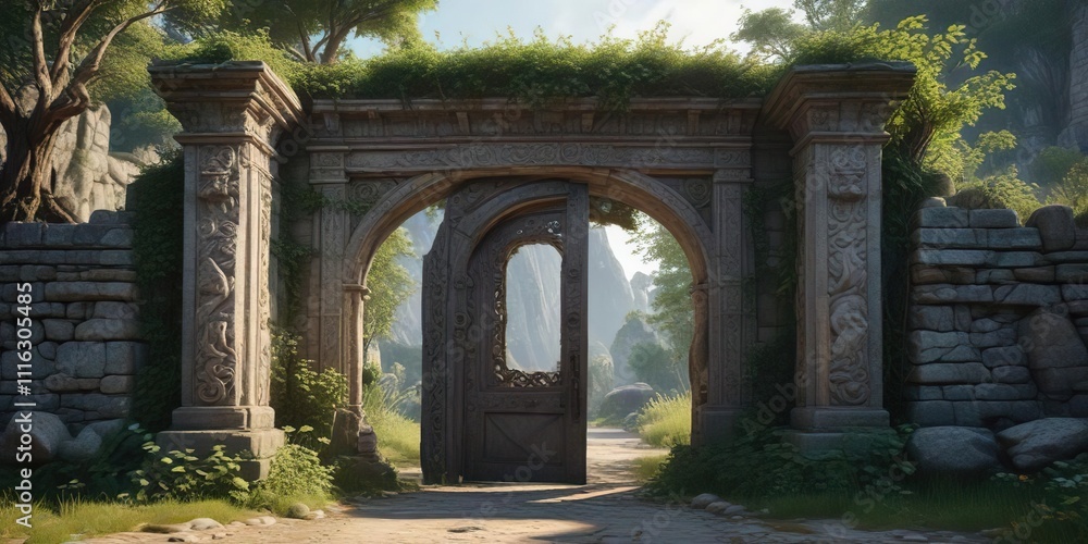 Ancient stone gateway with intricate carvings and vines overgrown ...